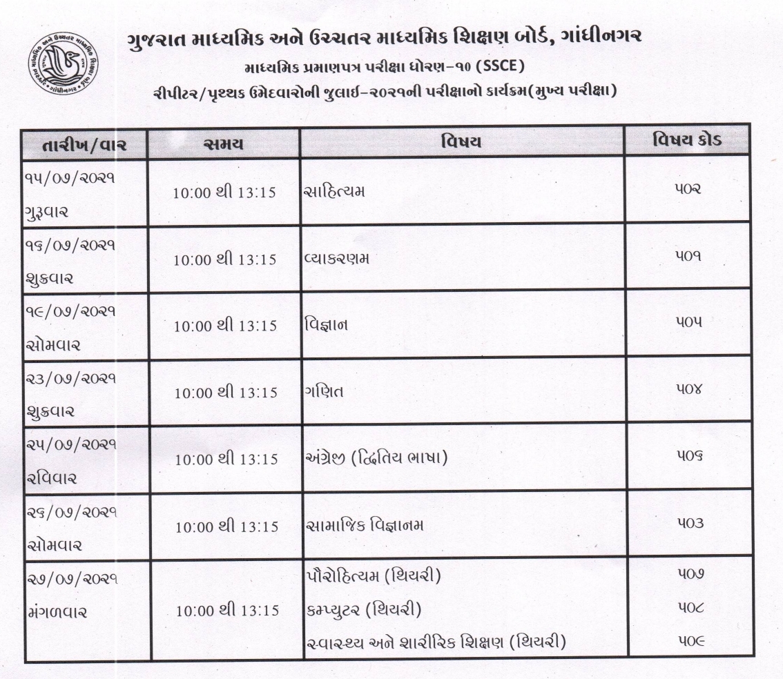 GSEB SSC & HSC Repeater Exam Time Table 2021 - SarkariMahiti.Net GSEB SSC & HSC Repeater Exam Time Table 2021 - SarkariMahiti.Net